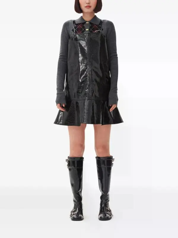 GANNI Crocodile-effect Flared Mini Dress