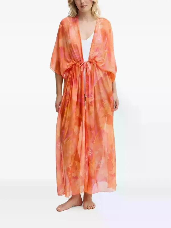 Guess Floral-print Drawstring Beach Robe - Orange