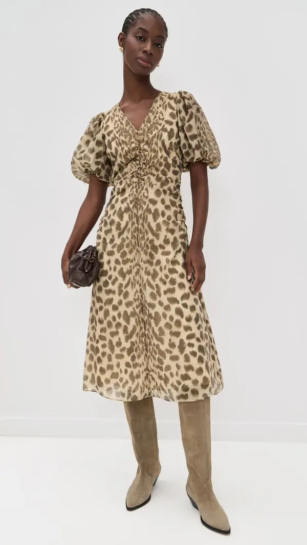 Sea Claude Print Puff Sleeve Midi Dress - Cream - 50% Off | Editorialist