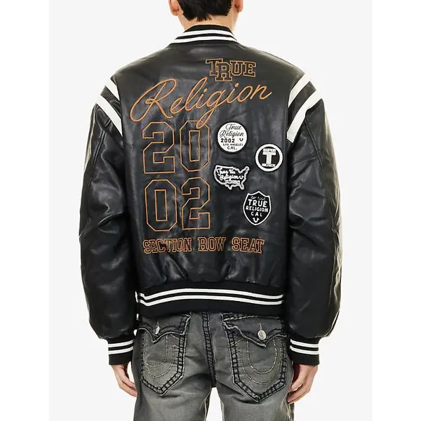 True Religion Logo-Patch Faux-Leather Varsity Jacket Jet Black