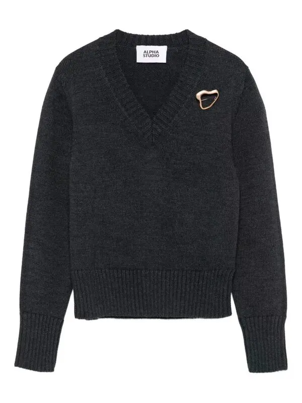 Alpha Studio Pin-detail V-neck Sweater - Grey