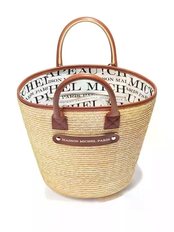 MAISON MICHEL Leather-handle Straw Tote Bag