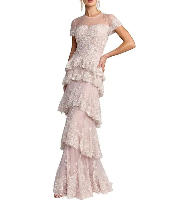 Mac Duggal Embellished Short Sleeve Tiered Gown - Rose Multi