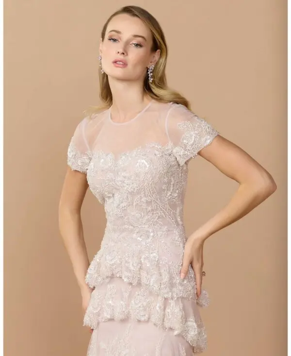 Mac Duggal Embellished Short Sleeve Tiered Gown - Rose Multi