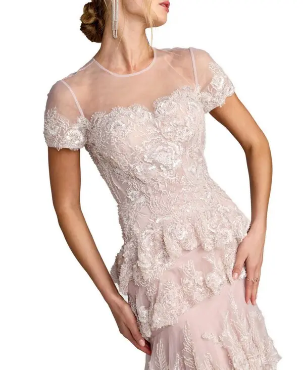 Mac Duggal Embellished Short Sleeve Tiered Gown - Rose Multi