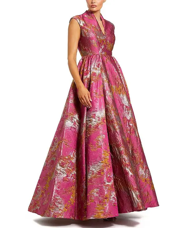 Mac Duggal Metallic Jacquard Ball Gown With Notched Collar - Raspberry Multi