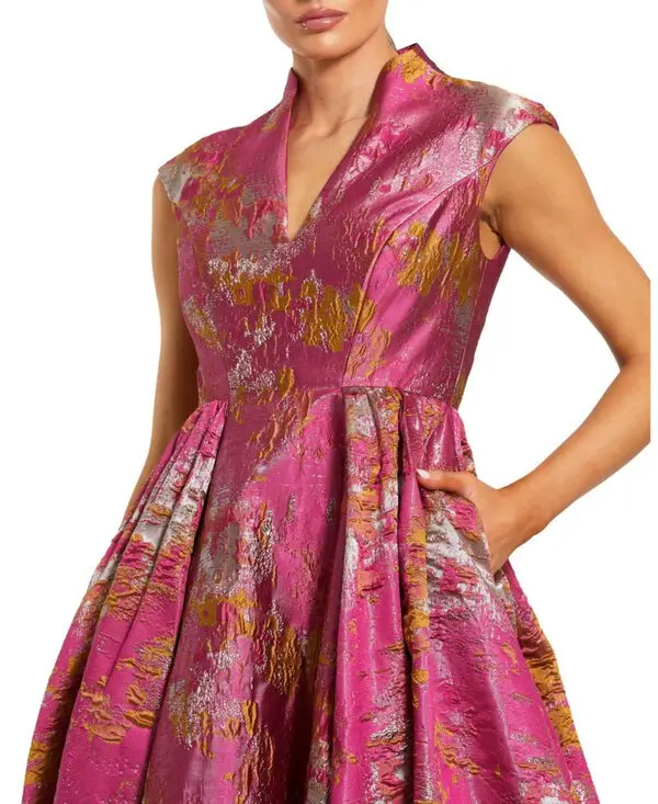 Mac Duggal Metallic Jacquard Ball Gown With Notched Collar - Raspberry Multi
