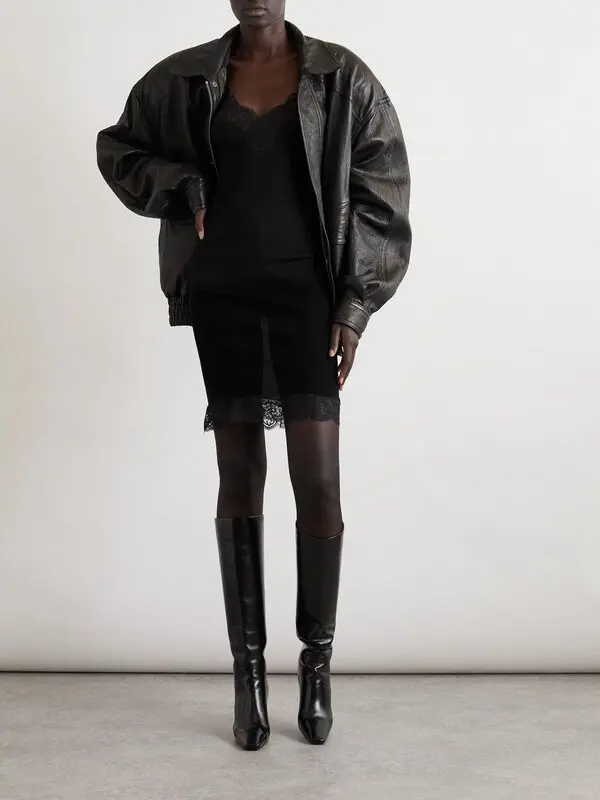 Saint Laurent Lace-trimmed Ribbed Silk-jersey Mini Dress - Black