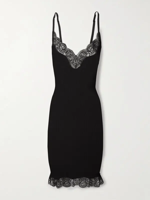 Saint Laurent Lace-trimmed Ribbed Silk-jersey Mini Dress - Black