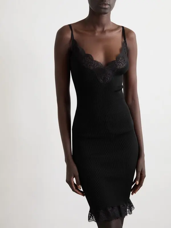 Saint Laurent Lace-trimmed Ribbed Silk-jersey Mini Dress - Black