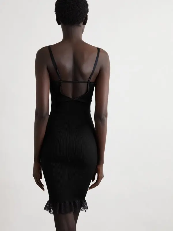 Saint Laurent Lace-trimmed Ribbed Silk-jersey Mini Dress - Black
