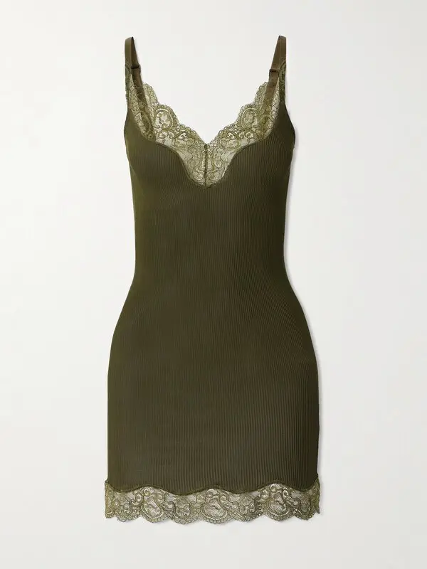 Saint Laurent Lace-trimmed Ribbed Silk-jersey Mini Dress - Green