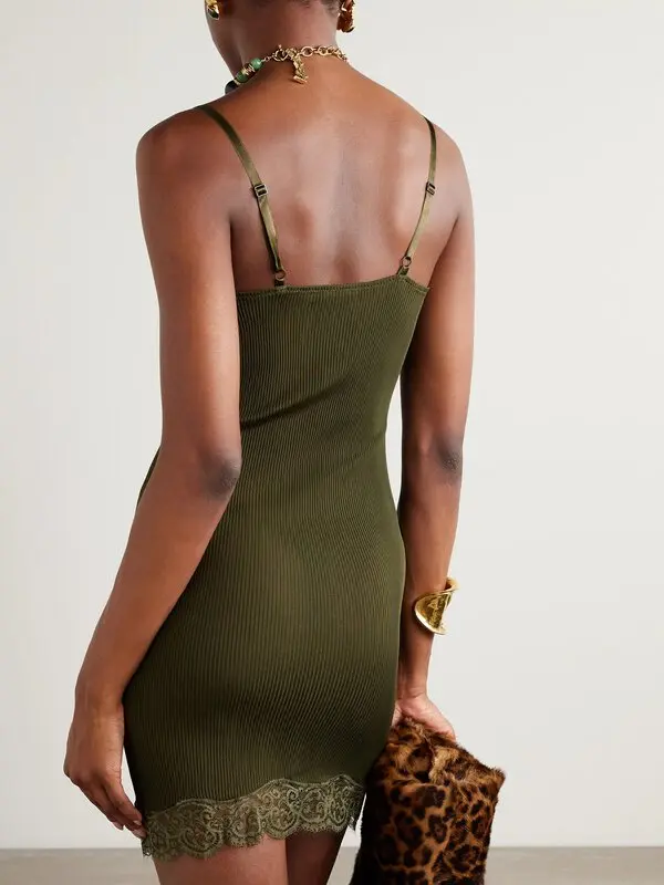 Saint Laurent Lace-trimmed Ribbed Silk-jersey Mini Dress - Green