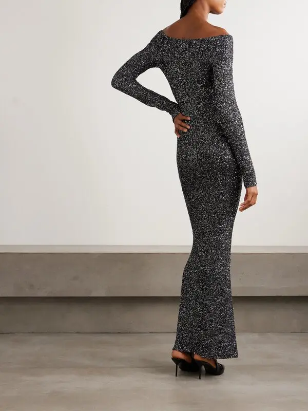 Stella McCartney Off-the-shoulder Sequined Knitted Gown - Silver