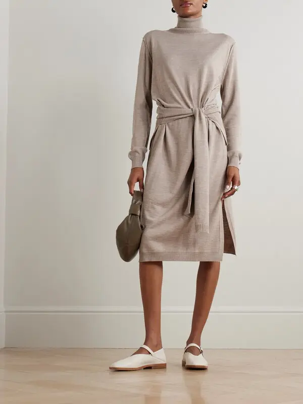 LEMAIRE Belted Wool-blend Turtleneck Midi Dress - Brown