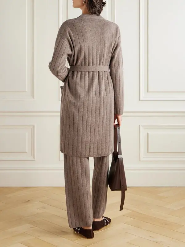 Max Mara Belted Ribbed-knit Cashmere Cardigan - Brown