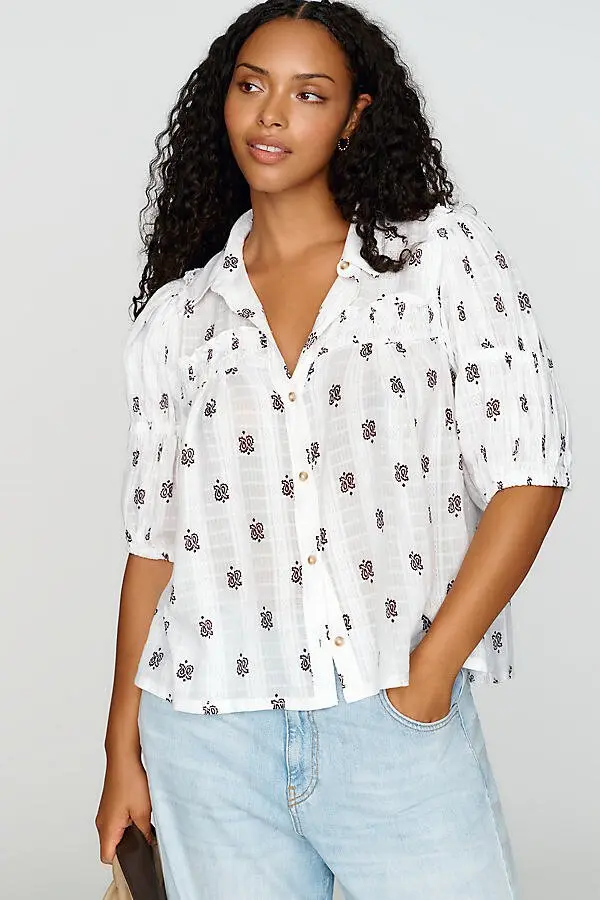 PILCRO Everlyn Puff-sleeve Blouse - Ivory Pattern
