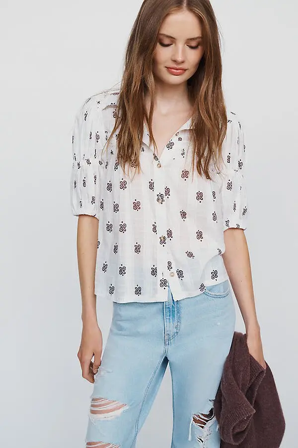 PILCRO Everlyn Puff-sleeve Blouse - Ivory Pattern