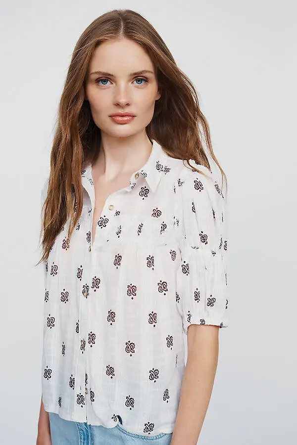 PILCRO Everlyn Puff-sleeve Blouse - Ivory Pattern