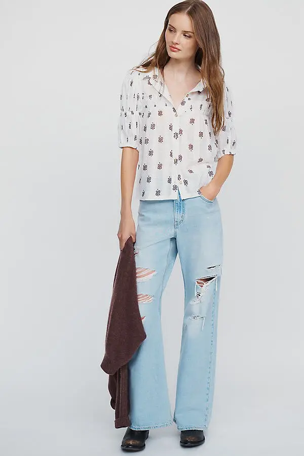 PILCRO Everlyn Puff-sleeve Blouse - Ivory Pattern