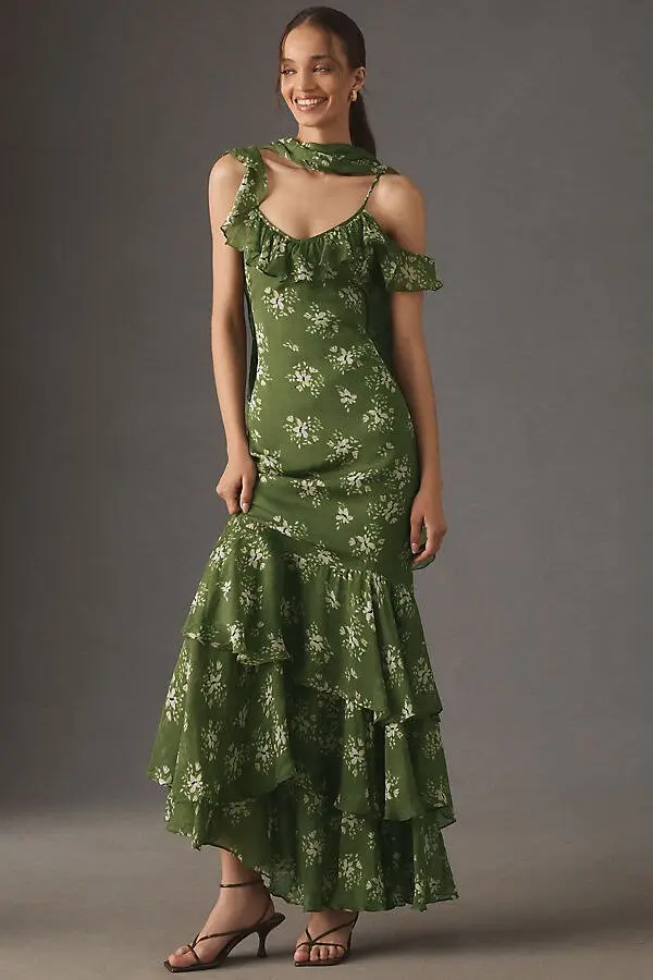 green chiffon maxi dress Bardot Draped Chiffon Maxi Dress in Green main image 1