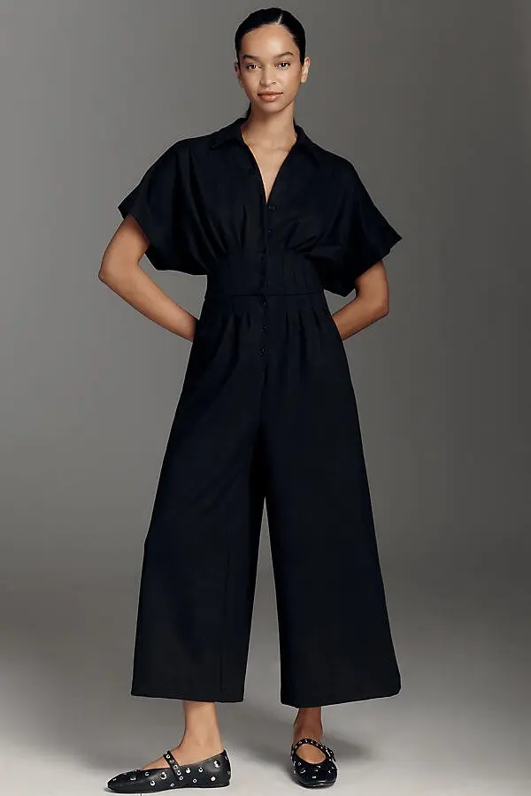 EXQUISE Tobie Faux-suede Pleated Jumpsuit - Black