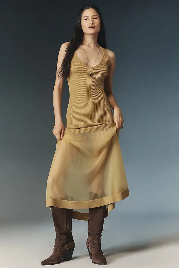 Sheer Panel Maxi Sweater Dress - Gold