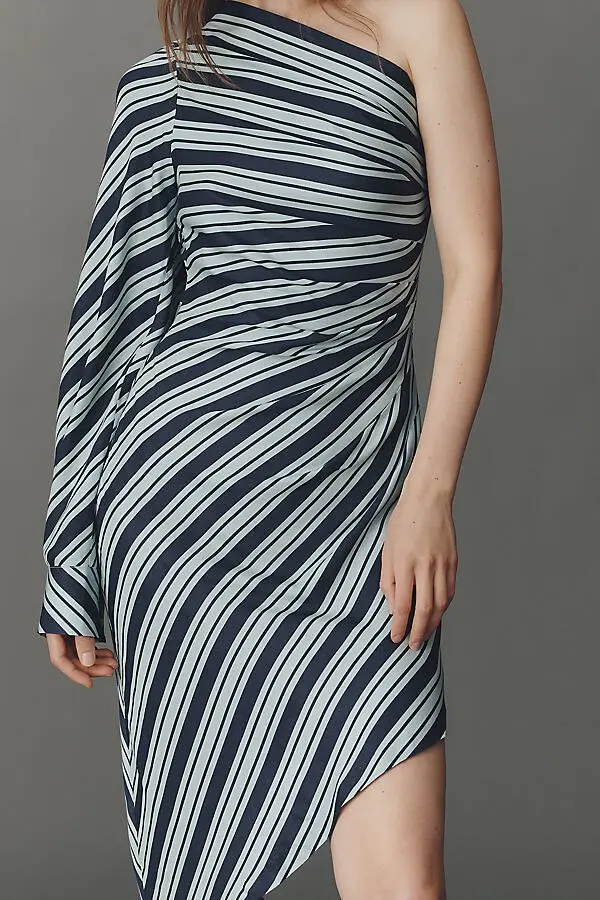 Maeve One-Shoulder Asymmetric Mini Dress In Blue Stripe - 78% Off |  Editorialist
