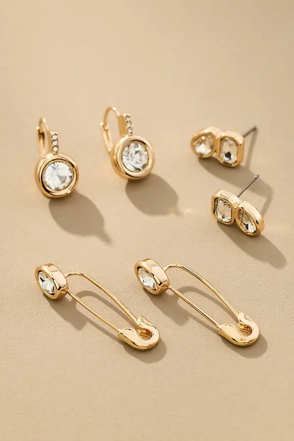 Anthropologie Assorted Crystal Earrings Set Of 3 - Clear