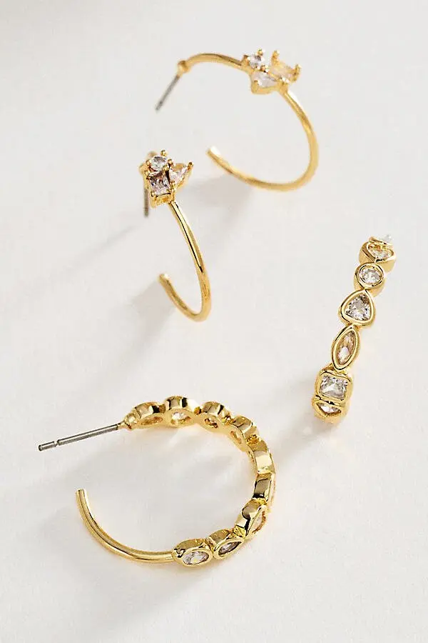 Anthropologie Glam Crystal Hoop Earring Set - Gold