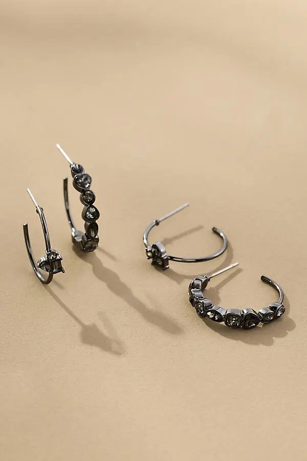 Anthropologie Glam Crystal Hoop Earring Set - Gunmetal