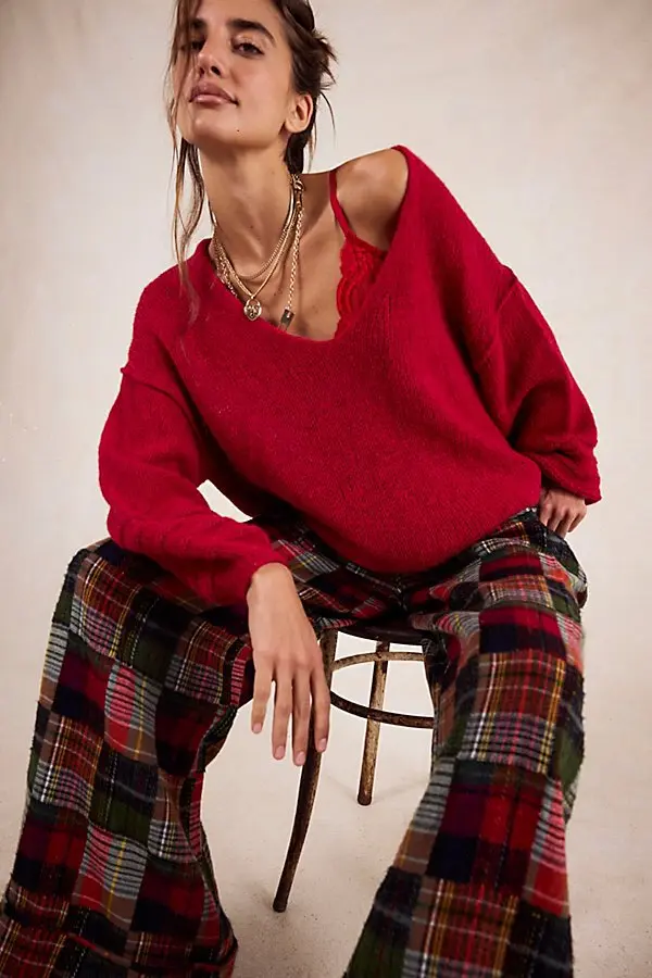 Free People Fillipa Belted Trousers - Akari Plaid Red Combo
