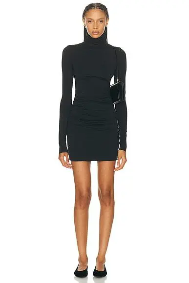 Eterne Long Sleeve Ruched Turtleneck Soft Jersey Mini Dress