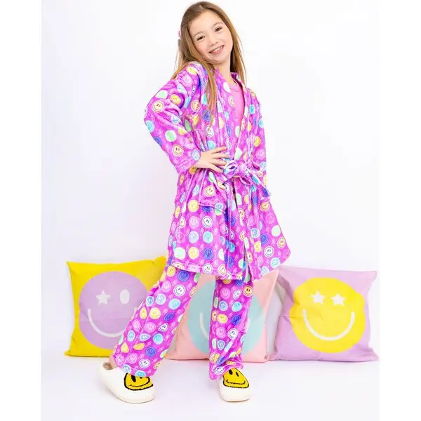 PREPPY GOOSE Plush Smiley Faces Loungewear Robe - Multicolor