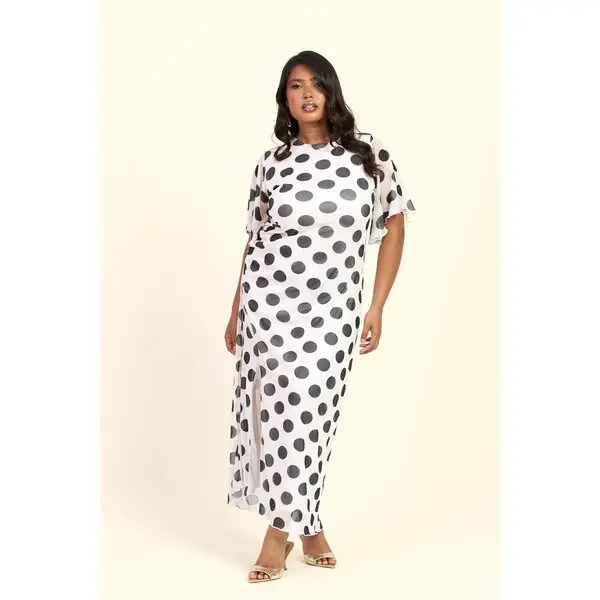 FASHION-SZN CURVE Polka Dot Ruched Side Maxi Dress - Beige