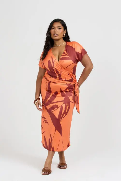 FASHION-SZN CURVE Floral Wrap Jersey Midi Dress - Orange