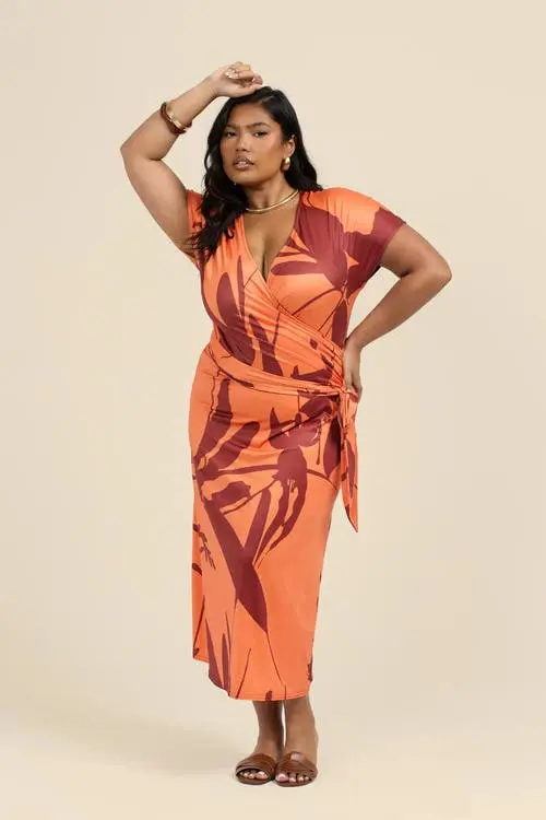 FASHION-SZN CURVE Floral Wrap Jersey Midi Dress - Orange