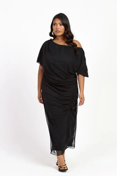 FASHION-SZN CURVE Drop Shoulder Ruched Mesh Midaxi Dress