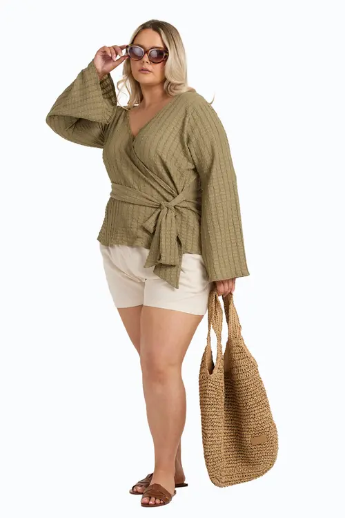 FASHION-SZN CURVE Wrap Front Belted Top - Khaki