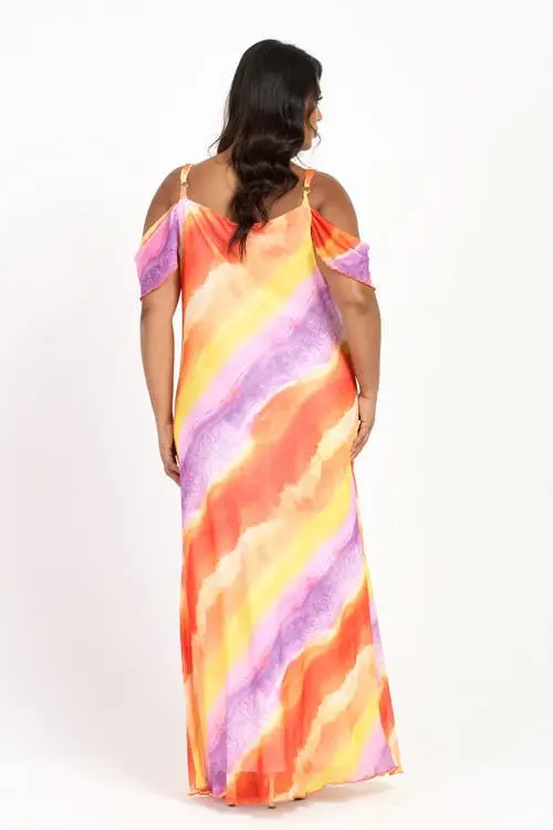 FASHION-SZN CURVE Marble Print Cold Shoulder Maxi Dress - Purple