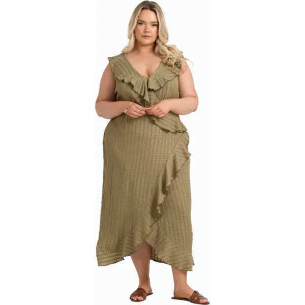 FASHION-SZN CURVE Ruffle Wrap Midi Dress - Khaki