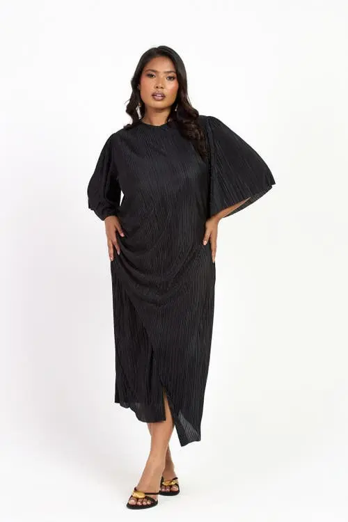 FASHION-SZN CURVE Ruched Side Flutter Sleeve Midi Dress - Black