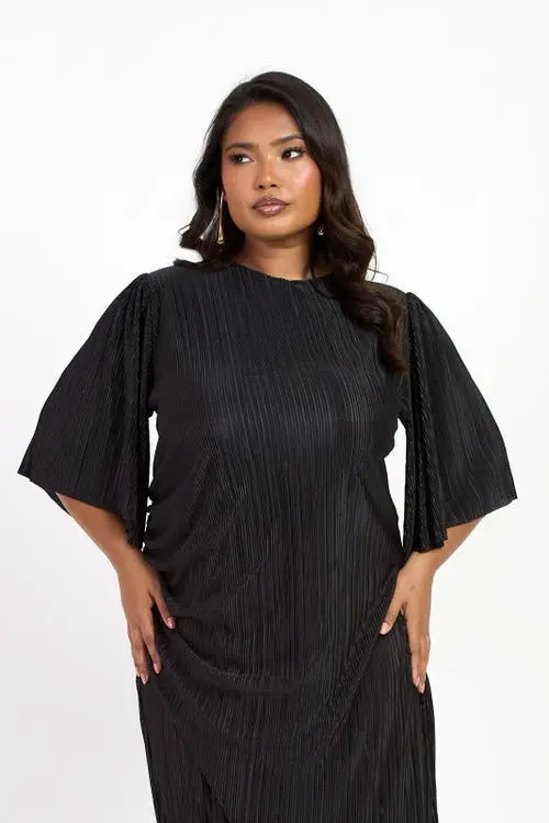 FASHION-SZN CURVE Ruched Side Flutter Sleeve Midi Dress - Black