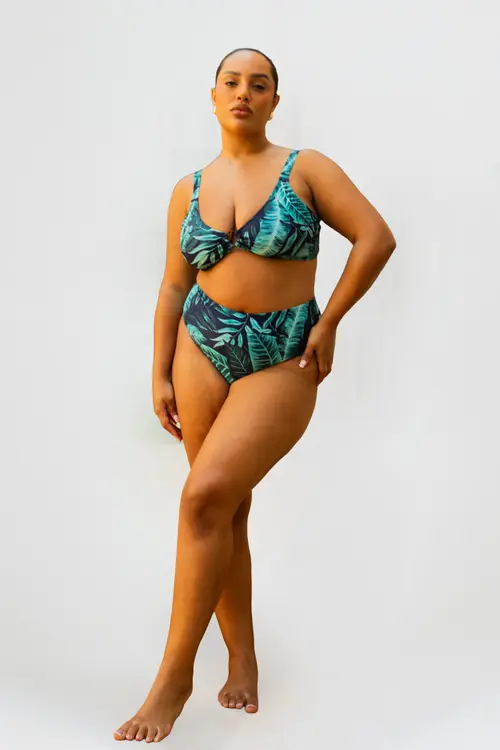 FASHION-SZN CURVE Palm Print High-waisted Bikini Set - Green