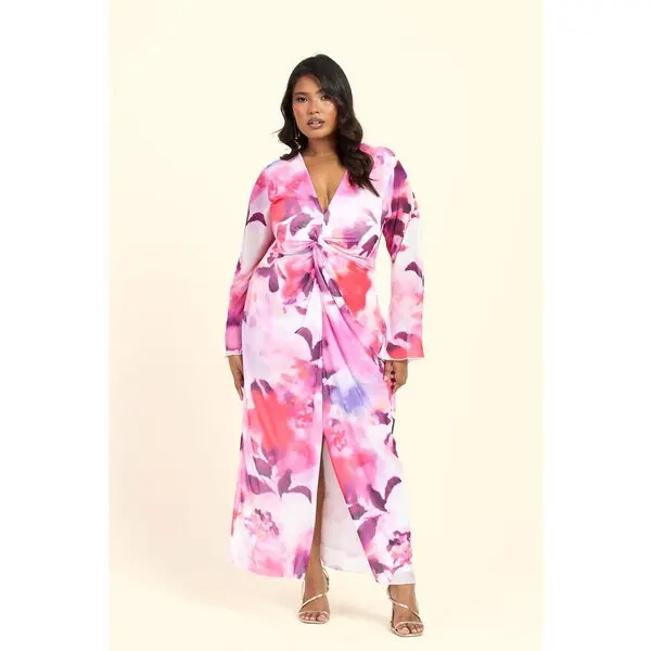 FASHION-SZN CURVE Floral Twist Front Midi Dress - Pink
