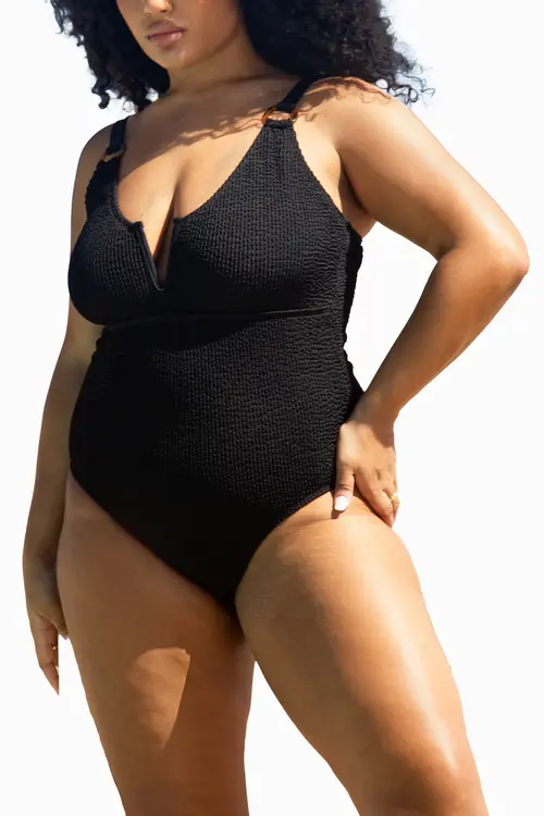 FASHION-SZN CURVE Trim Detail Sculpting Crinkle One-piece Swimsuit - Black