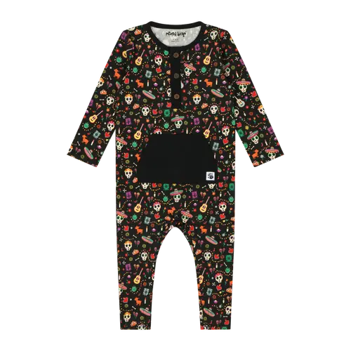 MIXED UP CLOTHING Printed Kangaroo Pocket Romper - Día De Los Muertos