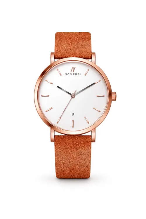 NCMPRBL Suede Leather Strap Watch - Tan/eggshell White/rose Gold