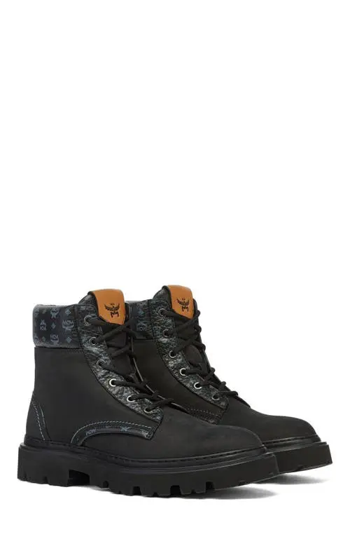 Mcm Ankle Boots In Nubuck And Monogram Print Leather - Black