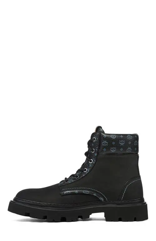 Mcm Ankle Boots In Nubuck And Monogram Print Leather - Black